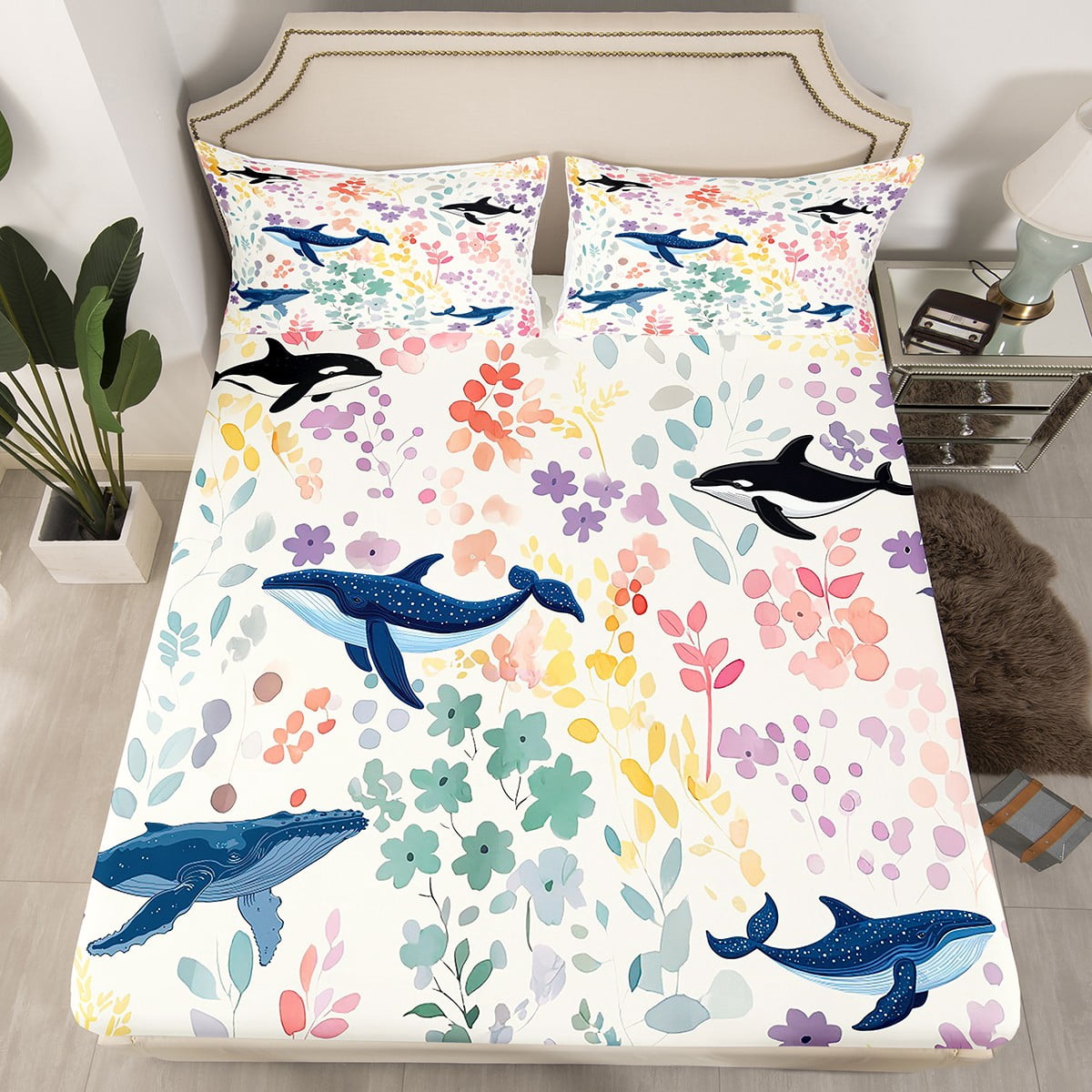 YST Floral Whale Full Fitted Sheet,Ocean Sea Animal Whale Bedding Set ...