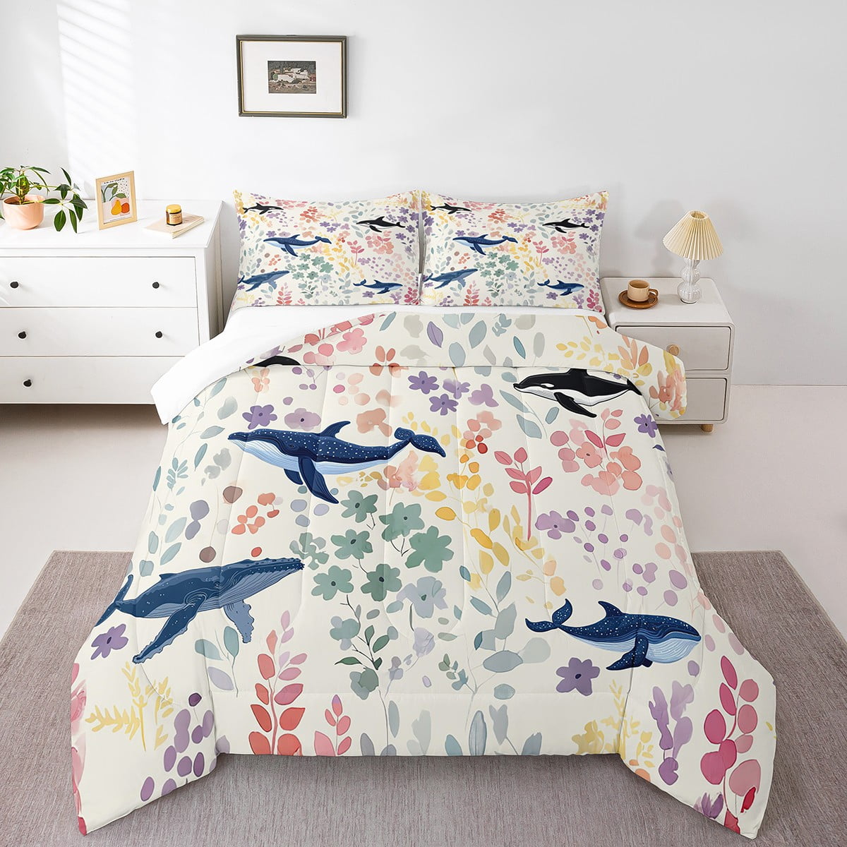 YST Floral Whale Twin Bedding Set,Ocean Sea Animal Whale Comforter Set ...