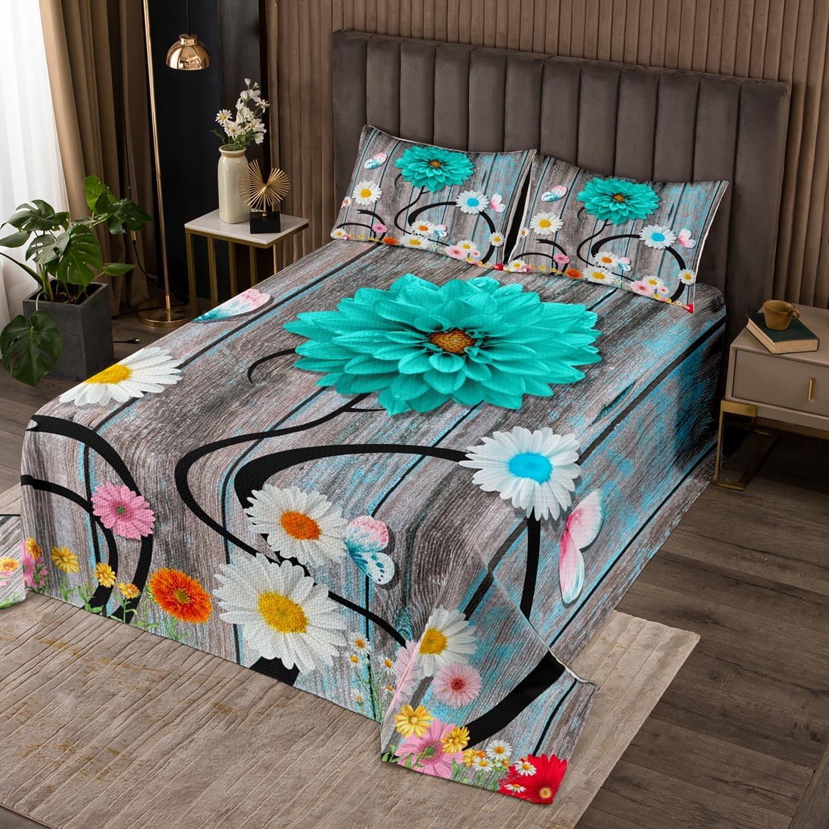 YST Flower Bedspread Set Queen Size,Teal Daisy Flowers Farmhouse Quilt ...