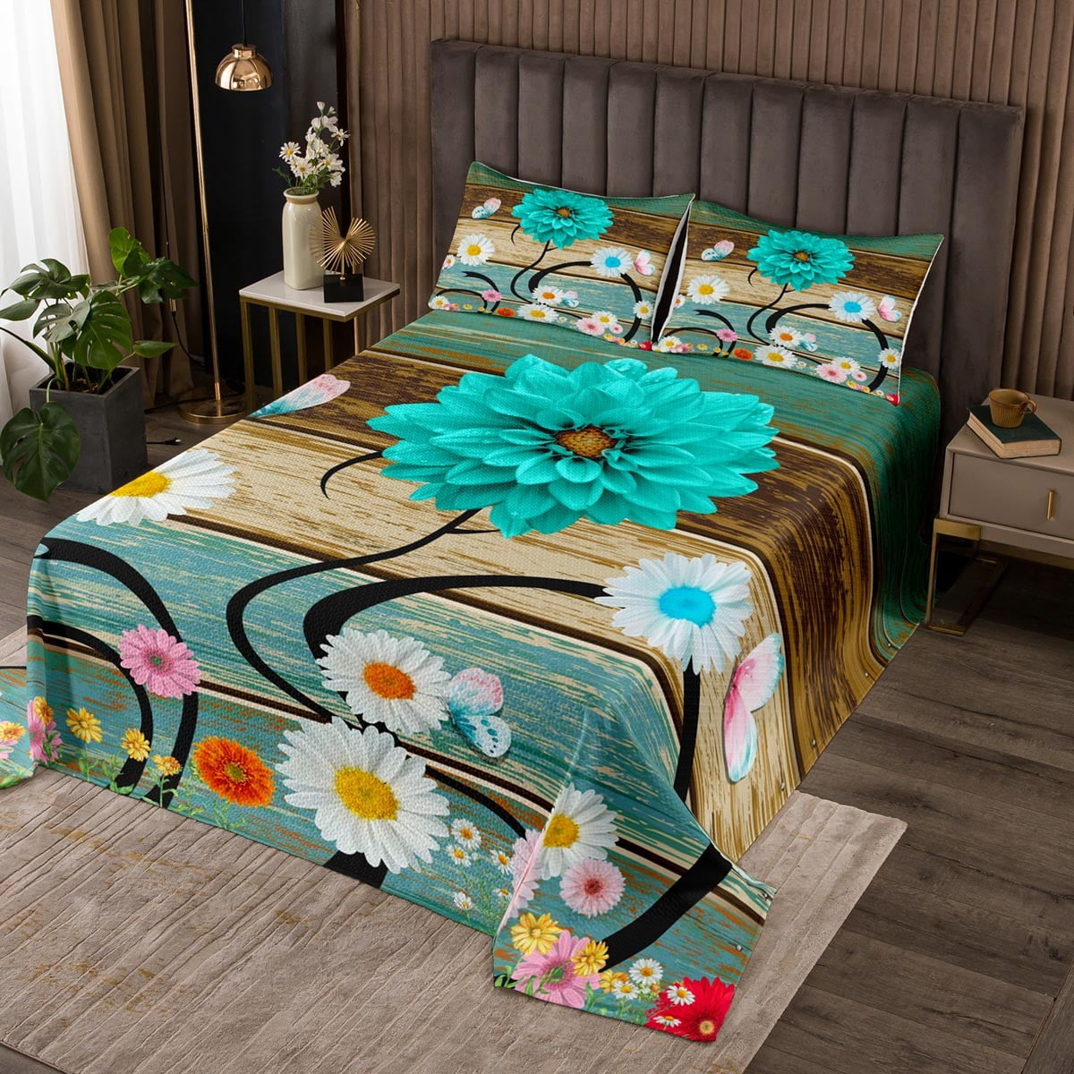 YST Flower Bedspread Set Queen Size,Teal Daisy Flowers Farmhouse Quilt ...