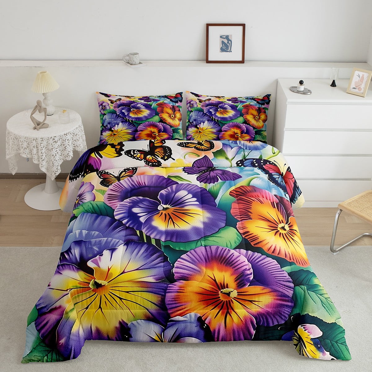 YST Flower Butterfly Girls Bedding Sets Full Garden Pansy Floral Bed ...