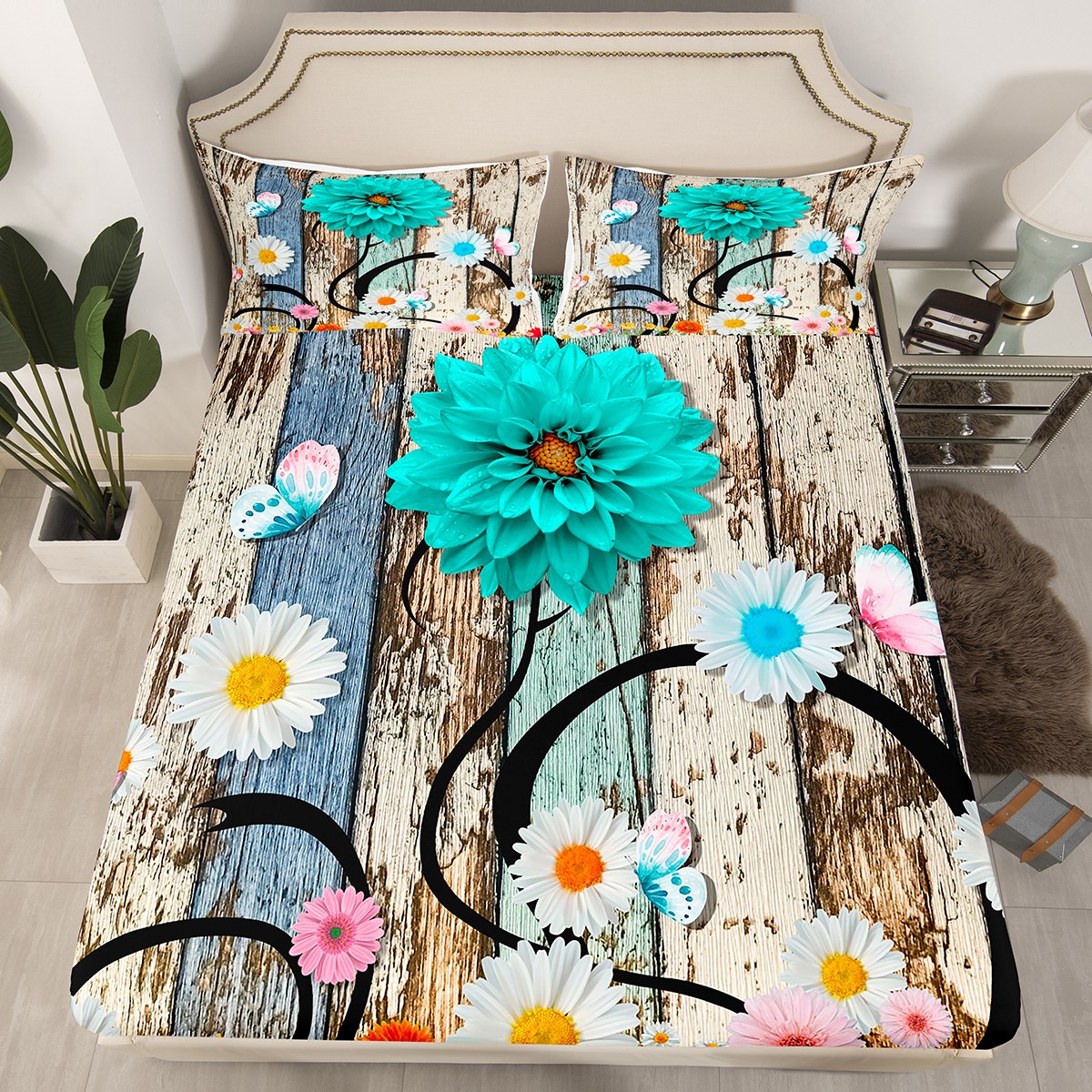 YST Flower Fitted Sheet Full Size,Teal Daisy Flowers Farmhouse Bedding ...