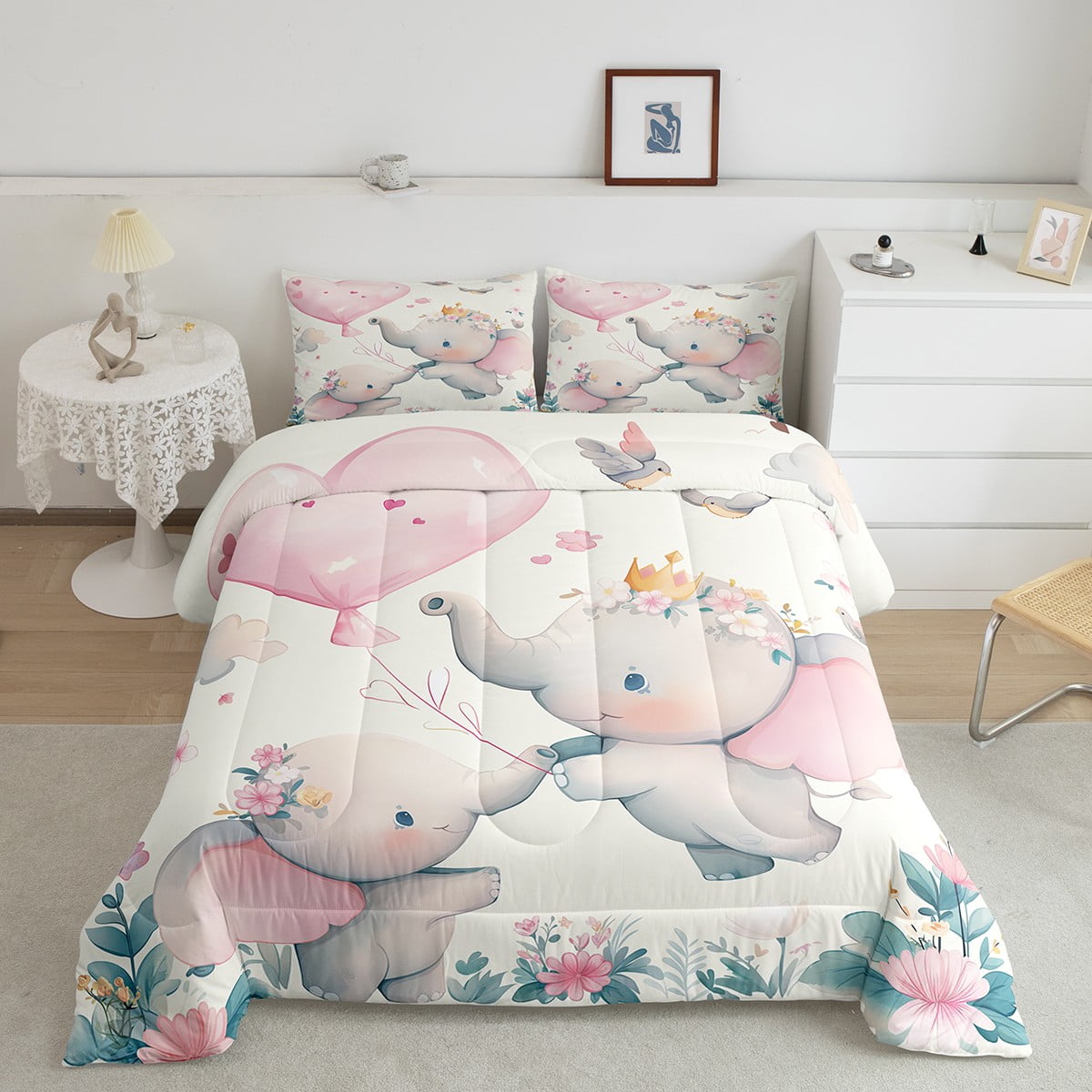 Flowers Elephant Comforter Set Twin ,Cute Love Heart Elephant Bedding ...