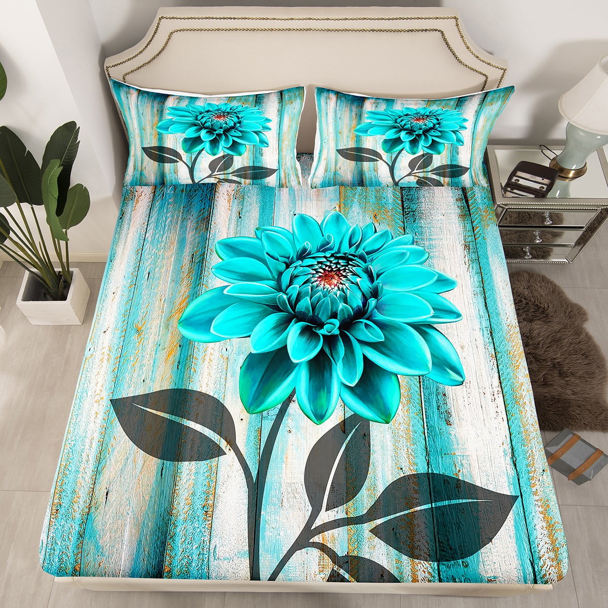 Flowers Fitted Sheet Full Size,Teal Ombre Art Botanical Floral Bedding ...