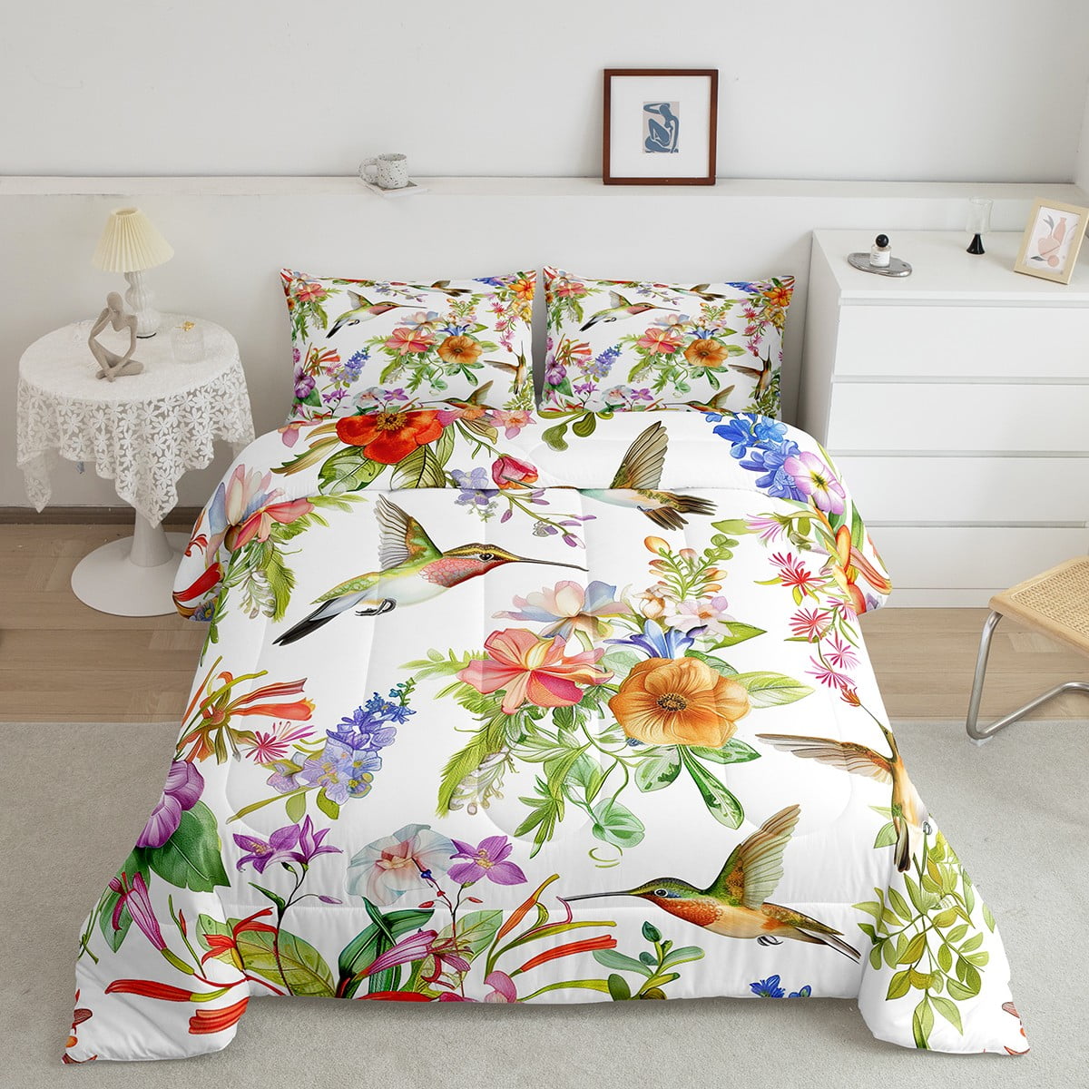 Flowers Twin Size Comforter Set, Colorful Birds Florals Comforter For ...