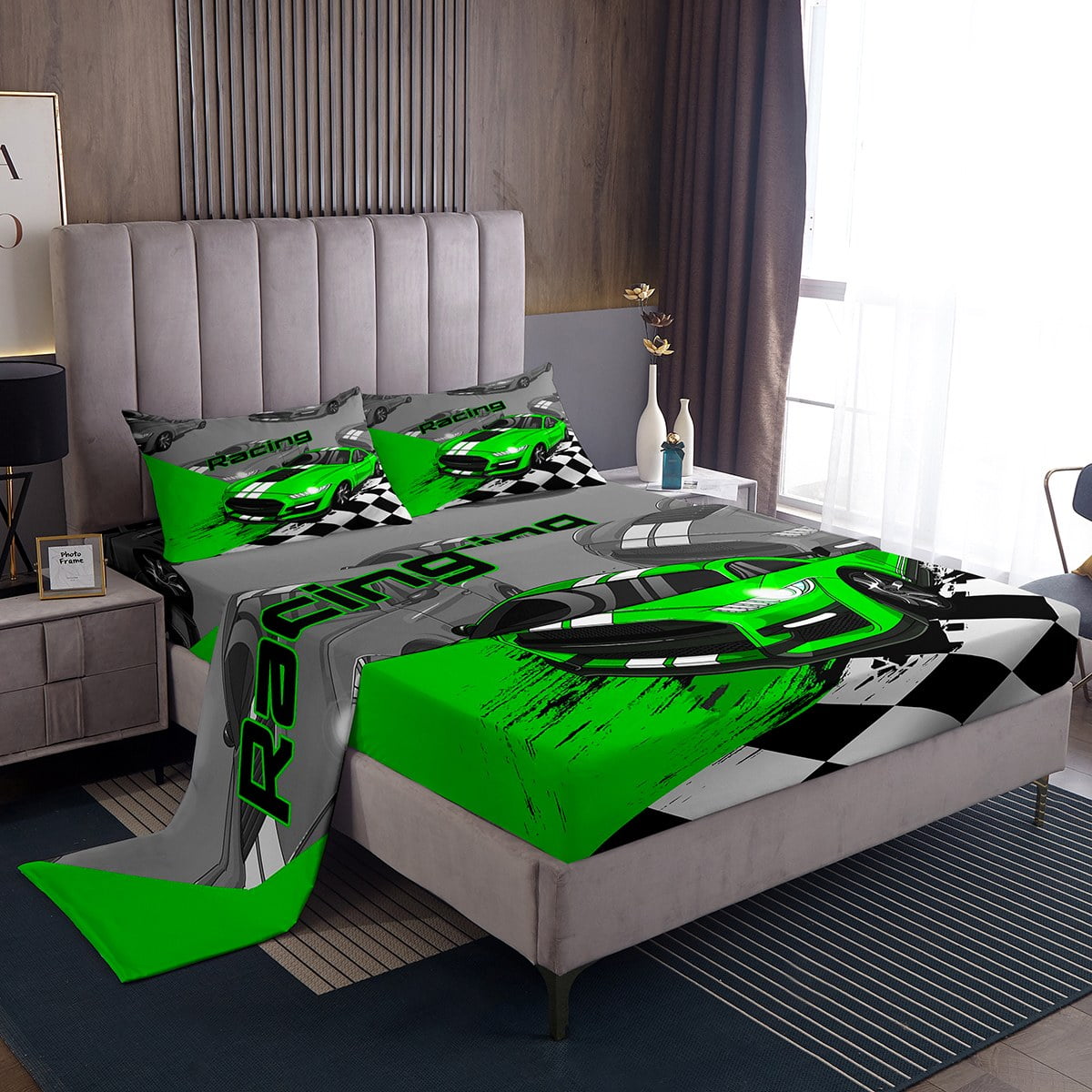 YST Fluorescent Green Sports Car Bed Sheets Set Kids Race Car Sheet Set ...
