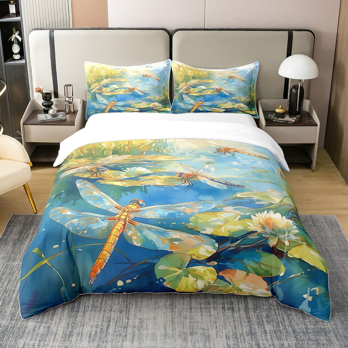 YST Flying Dragonfly 100% Natural Cotton Duvet Cover,White Lotus Green ...