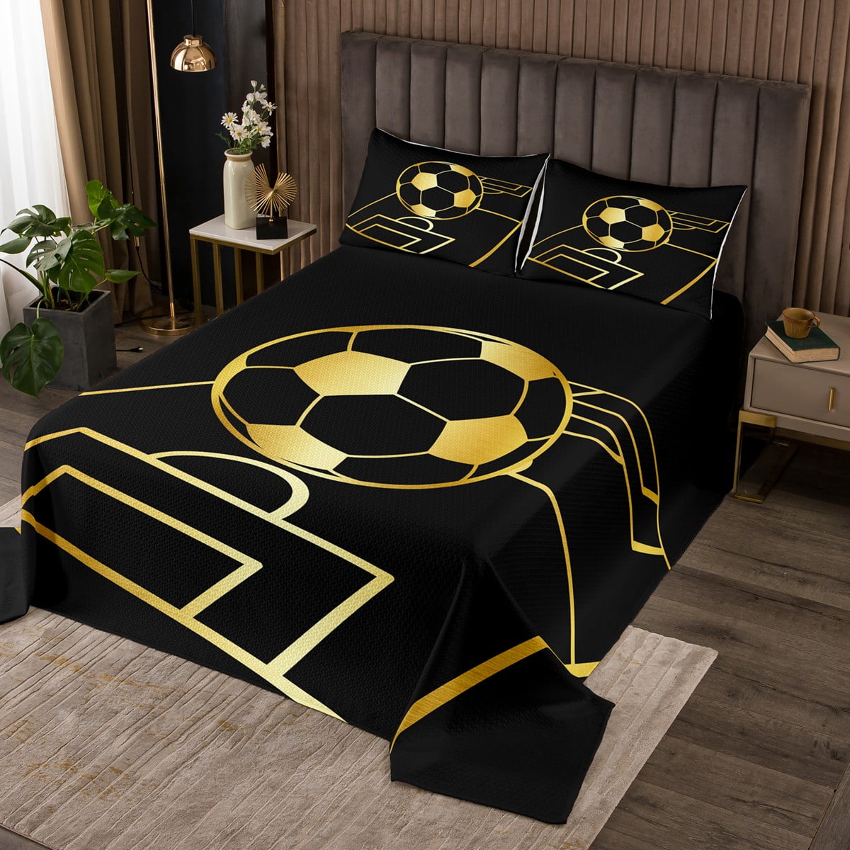 YST Football Bedspread Set King for Boys Girls Kids,Gold Black Football ...