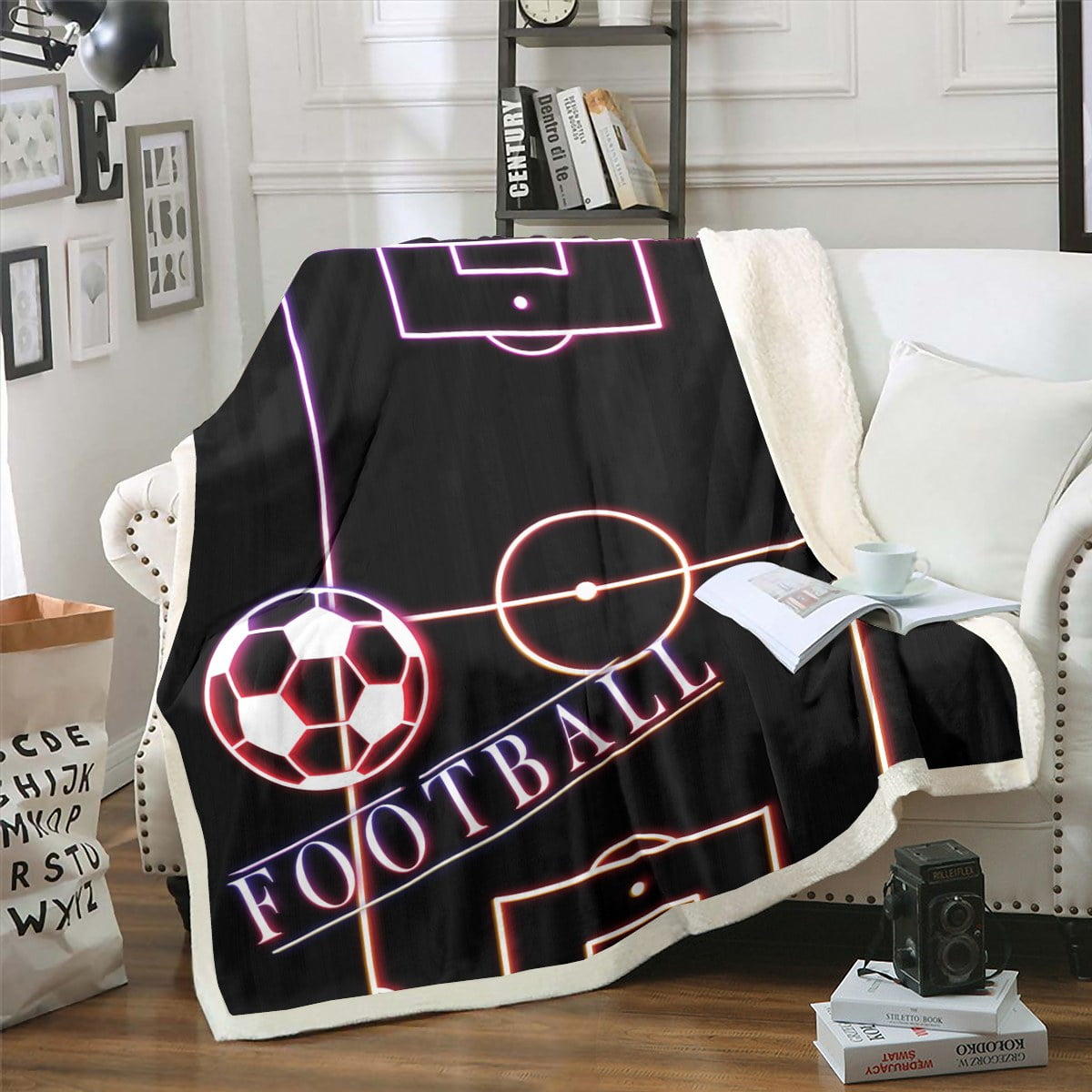 Football Fleece Blanket Sport Sherpa Blanket, Glowing Soccer Field ...