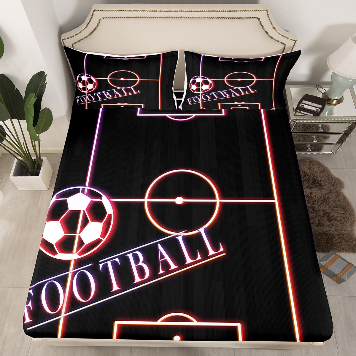 Football Full Sheets Sport Bed Sheets, Glowing Soccer Field Fitted Sheet Sports Gamer Bed Set ...