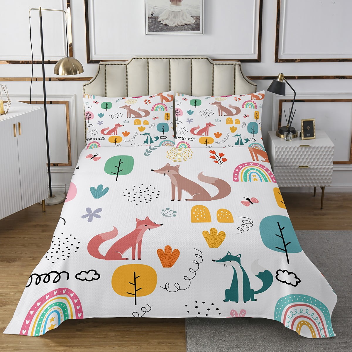 YST Fox Bedspread Set Queen Size Cartoon Animal Woodland Foxes Coverlet ...
