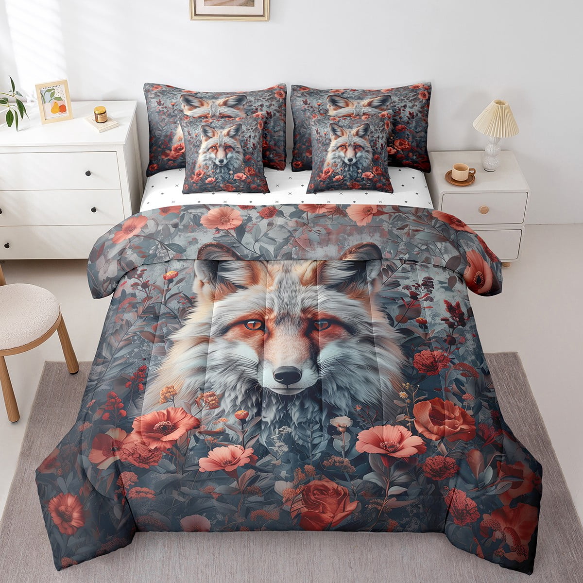 YST Fox Queen Comforter Set 7-Piece Jungle Animal Bed Set,Groovy Flower ...