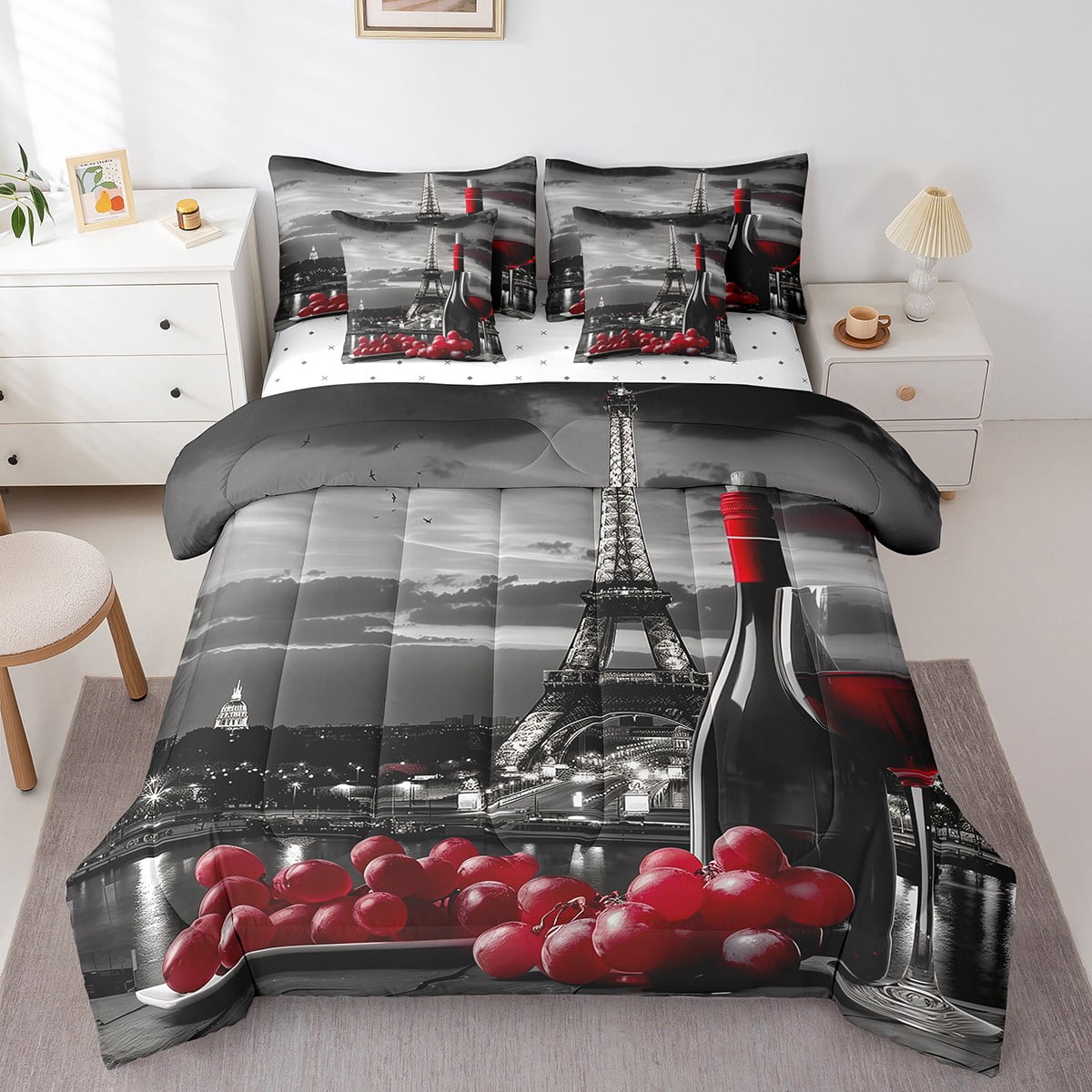 French Eiffel Tower Bed In A Bag 7-Piece,Romantic Paris Cityscape King ...