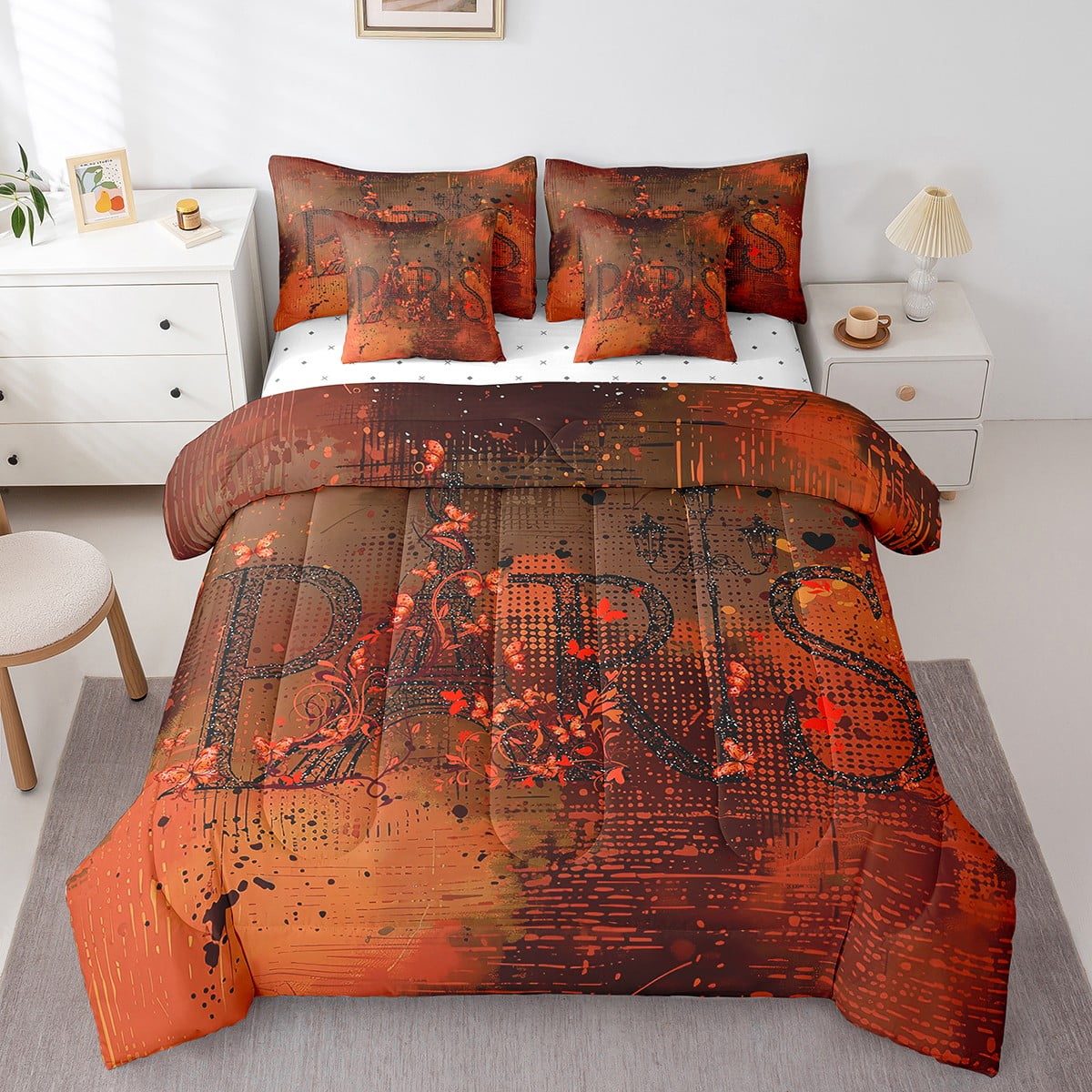 French Paris King Comforter Set 7-Piece Romantic Eiffel Tower Bed in a ...