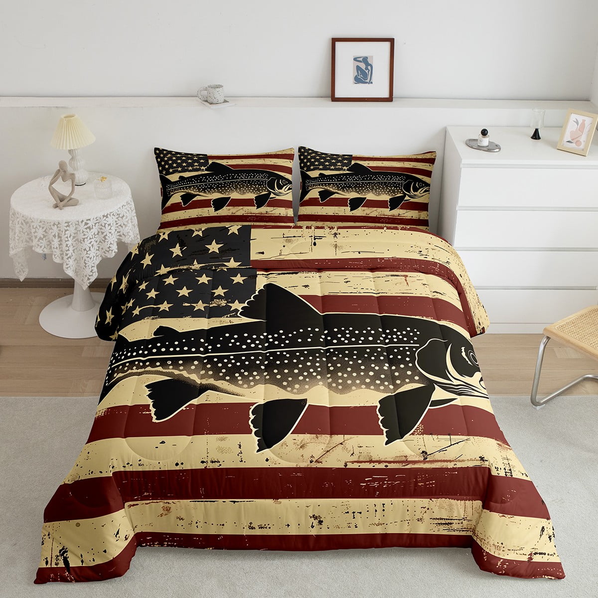 Erosebridal Full Bass Fish Comforter Set, American Flag Bedding Set ...