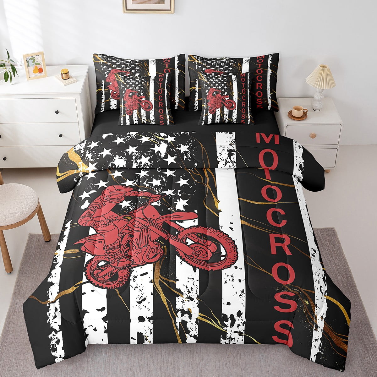 YST Full Dirt Bike Comforter Set 7 Pieces, American Flag Bed In A Bag ...