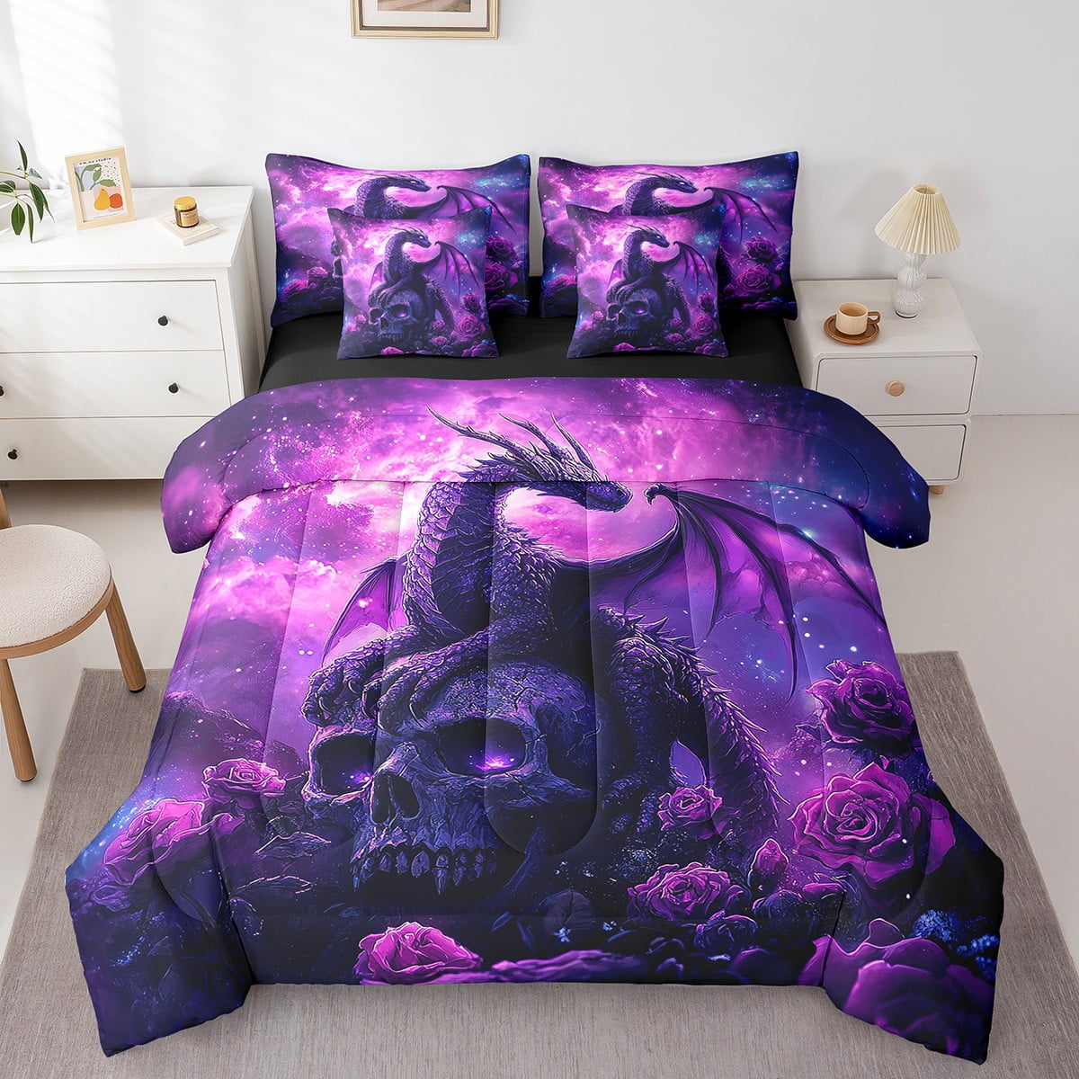 Erosebridal Full Dragon Comforter Set 7 Piece,Gothic Purple Rose Skull ...