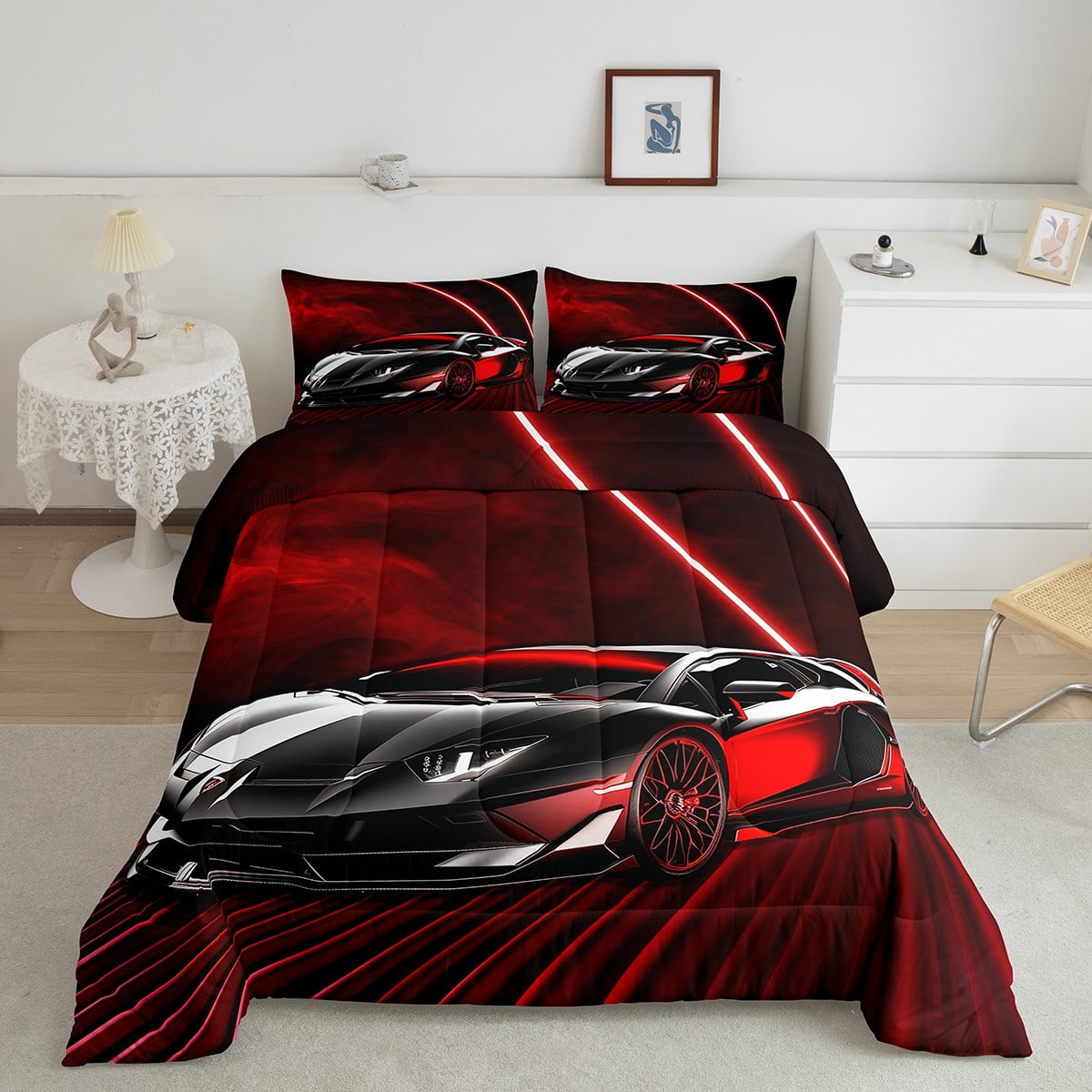Full Race Car Comforter Set, Red Racing Car Bedding Set Teens Adult ...