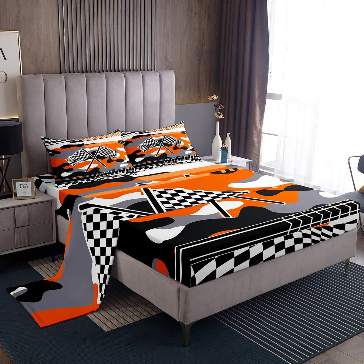 YST Full Sheets For Boys Racing Checkered Bed Sheets Set, Orange Black ...