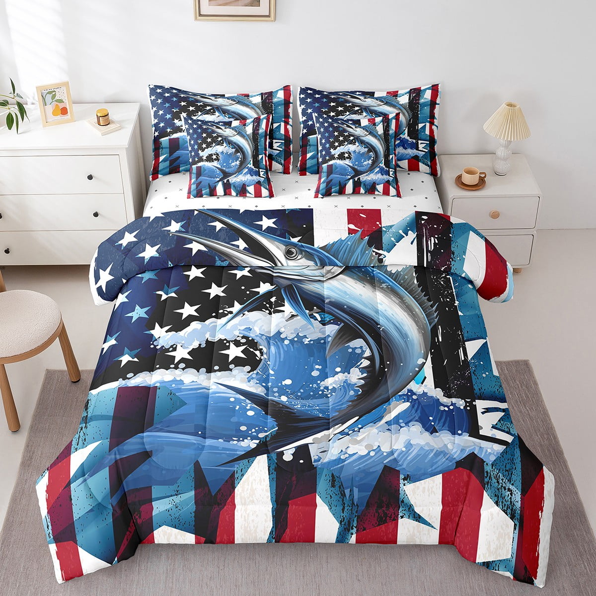 YST Full Size 7 Pcs Comforter Set, Swordfish Bed In A Bag With Flat ...