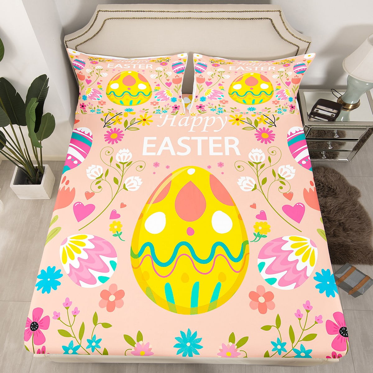 Full Size Easter Eggs Fitted Sheet,Girly Easter Decorations Bed Sheets ...