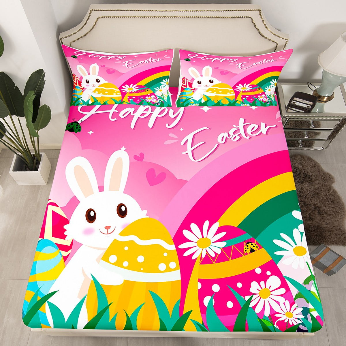 Erosebridal Full Size Easter Fitted Sheet,Cartoon Easter Bunny Bed ...