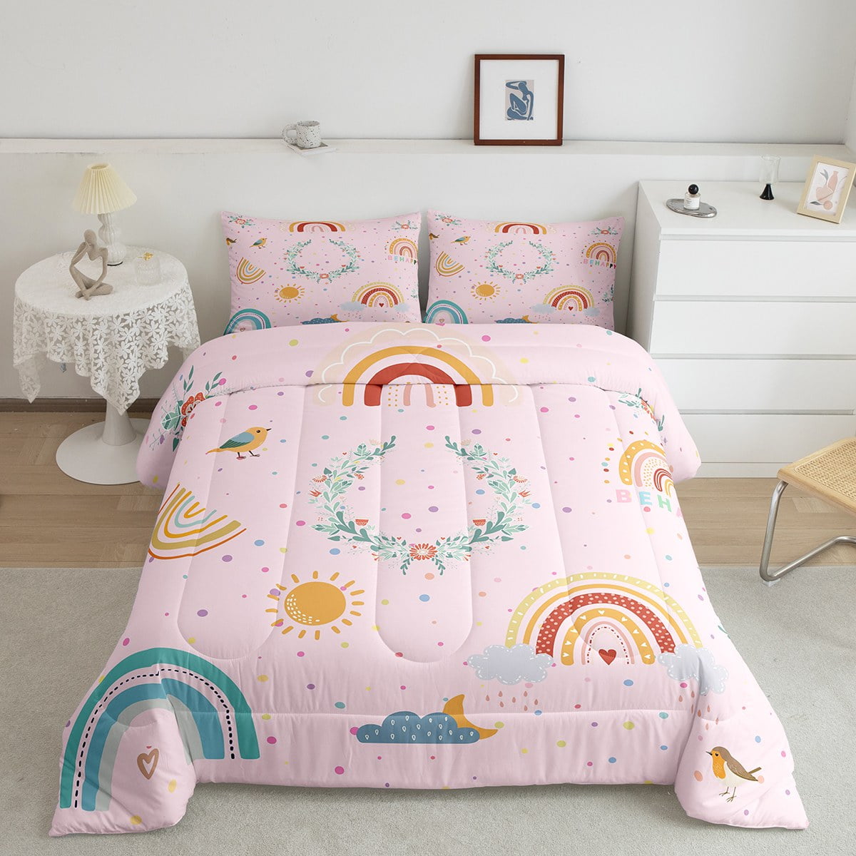 YST Full Size Rainbow Comforter Set For Girls, Sun And Stars Bedding ...