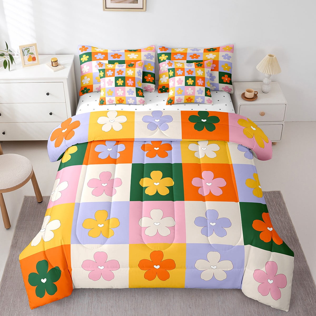 Erosebridal Funky Daisy Comforter 7 Piece,Retro Groovy Flower Bedding ...