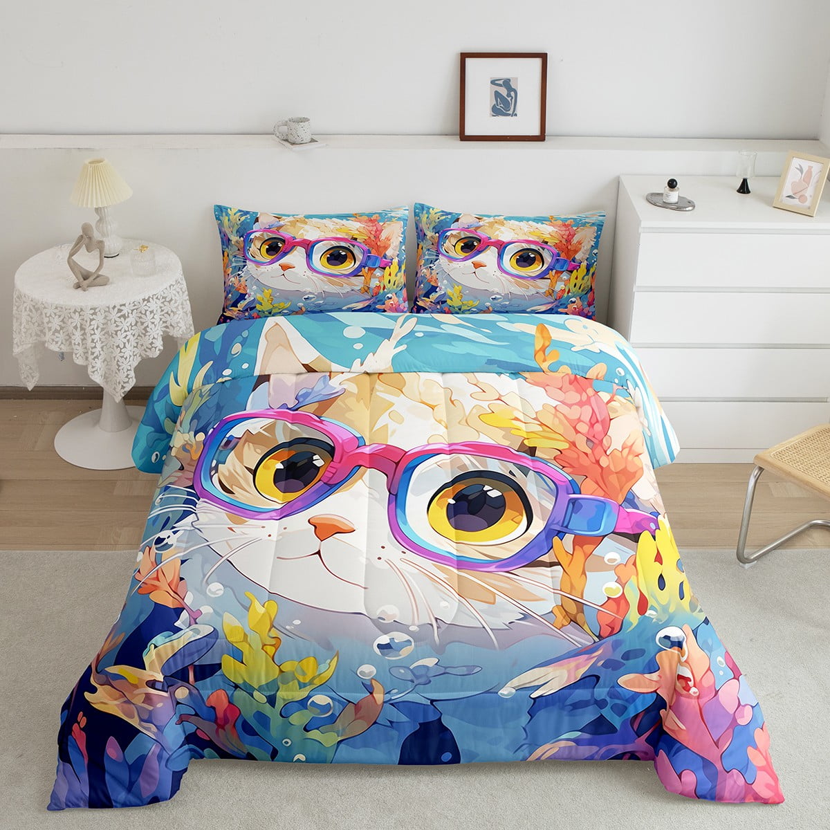 Funny Cat Comforter Set Twin ,Blue Sea Ocean Nautical Bedding Set,Cute ...