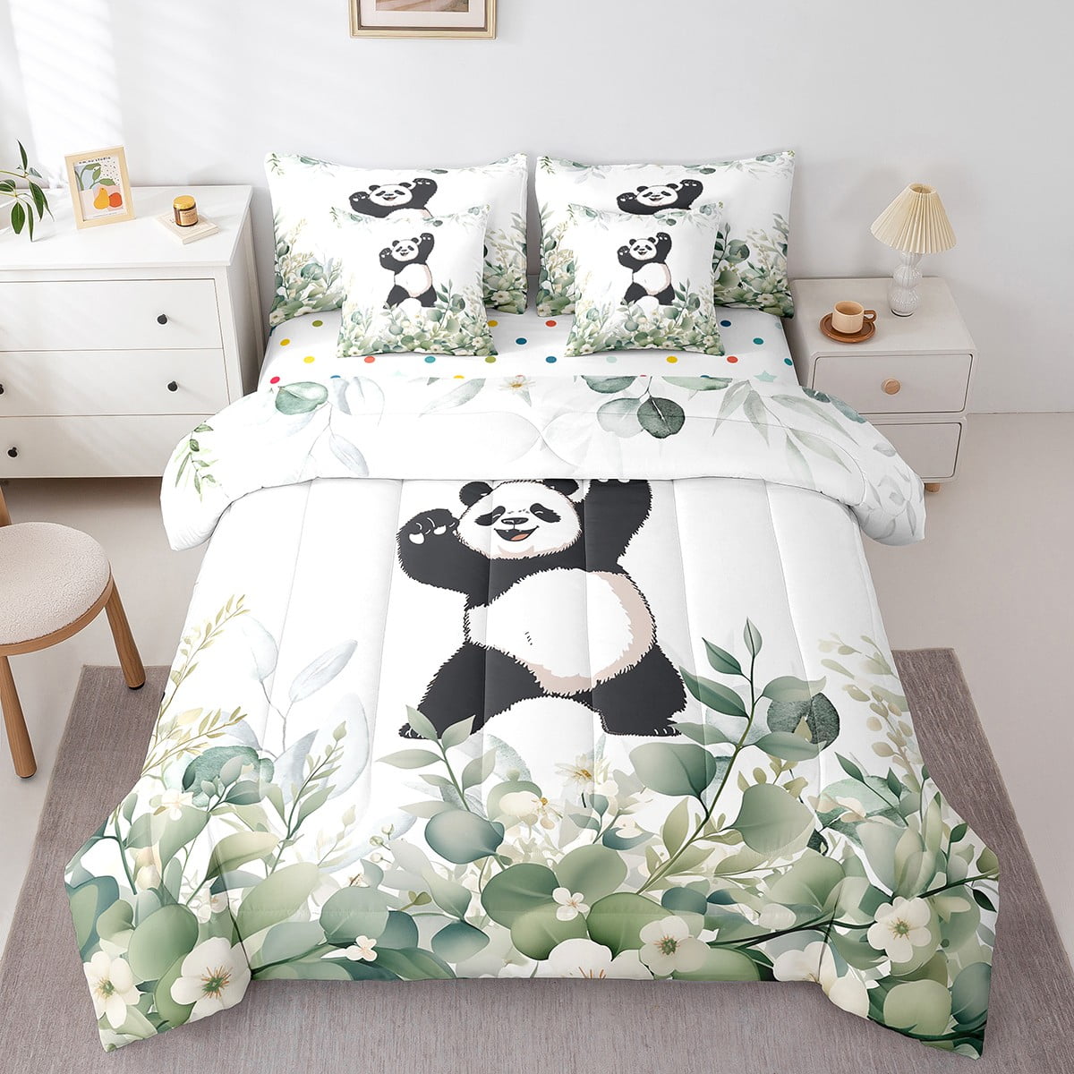 YST Funny Panda Bed in a Bag 7-Piece for Kids Green Eucalyptus Bedding ...