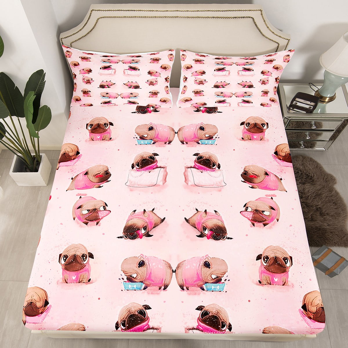 YST Funny Pug Twin Fitted Sheet Cute Dog Sheets, Animal Pet Themed Bed ...