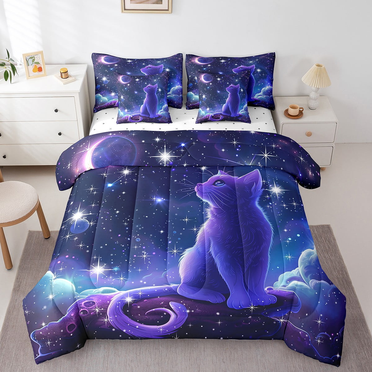 Erosebridal Galaxy Cat Bedding Set Twin Cute Cat Comforter Set 7 Piece ...