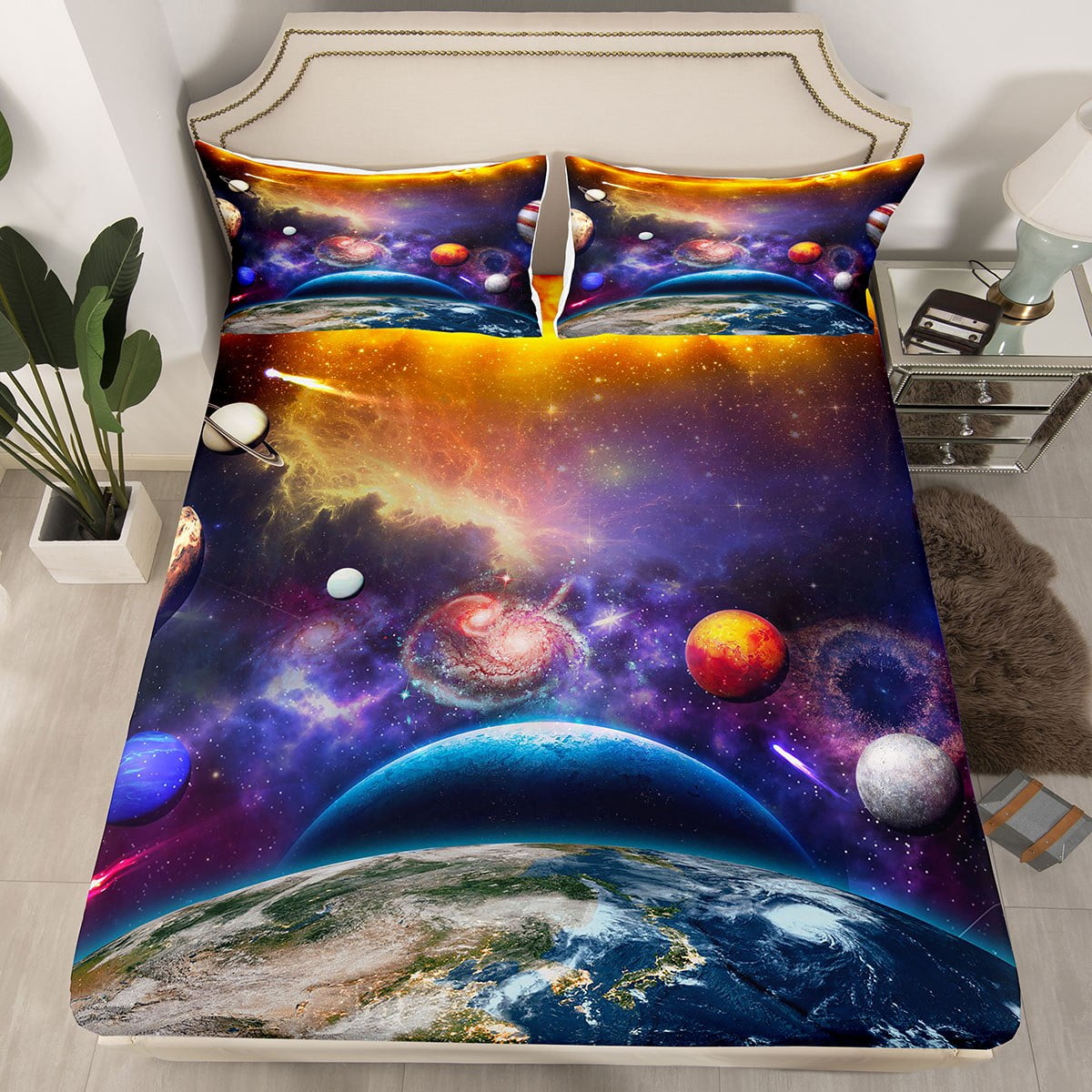 Erosebridal Galaxy Fitted Sheet Queen Outer Space Room Decor Bed Sheets ...