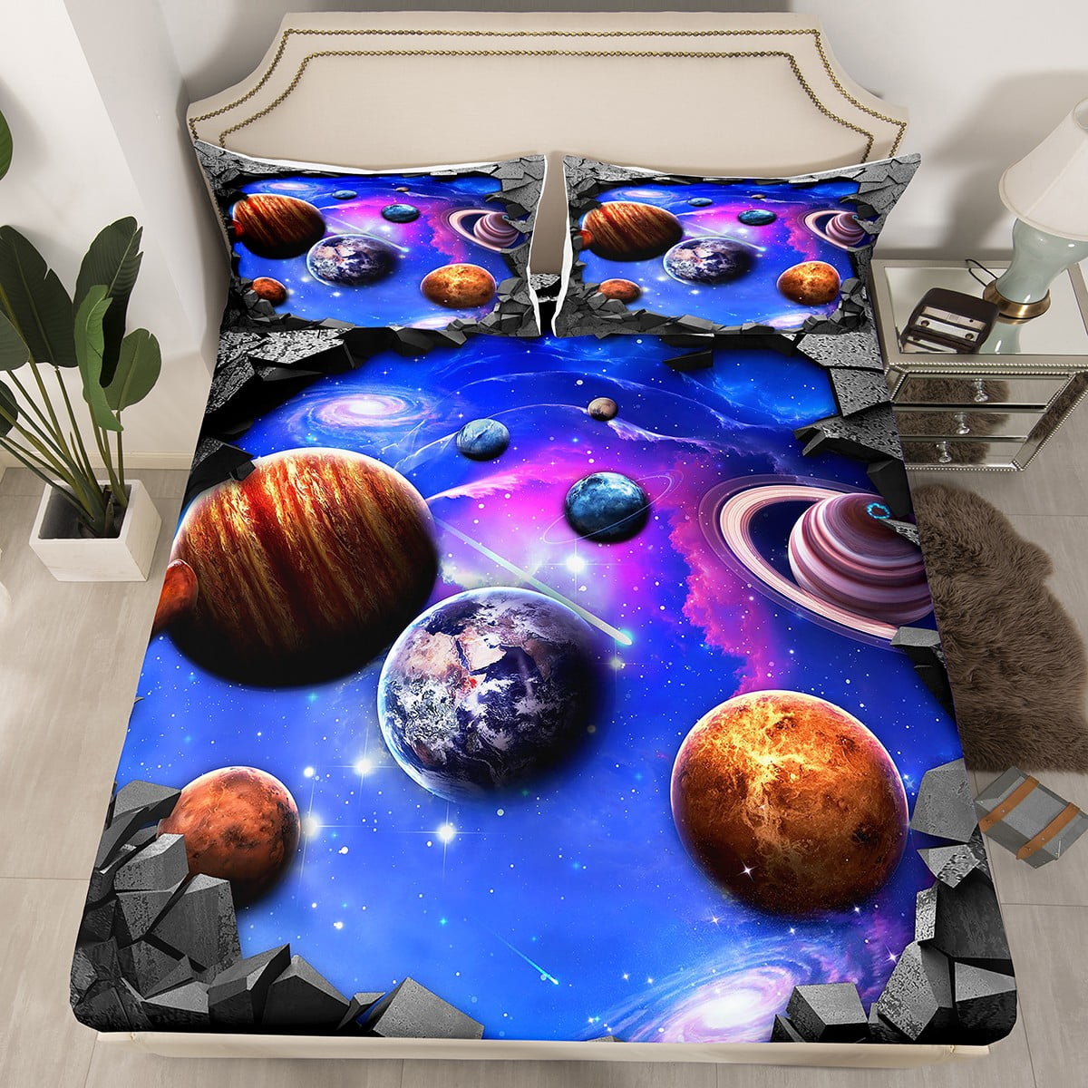 Galaxy Fitted Sheet Queen Outer Space Themed Bed Sheets, Solar System ...
