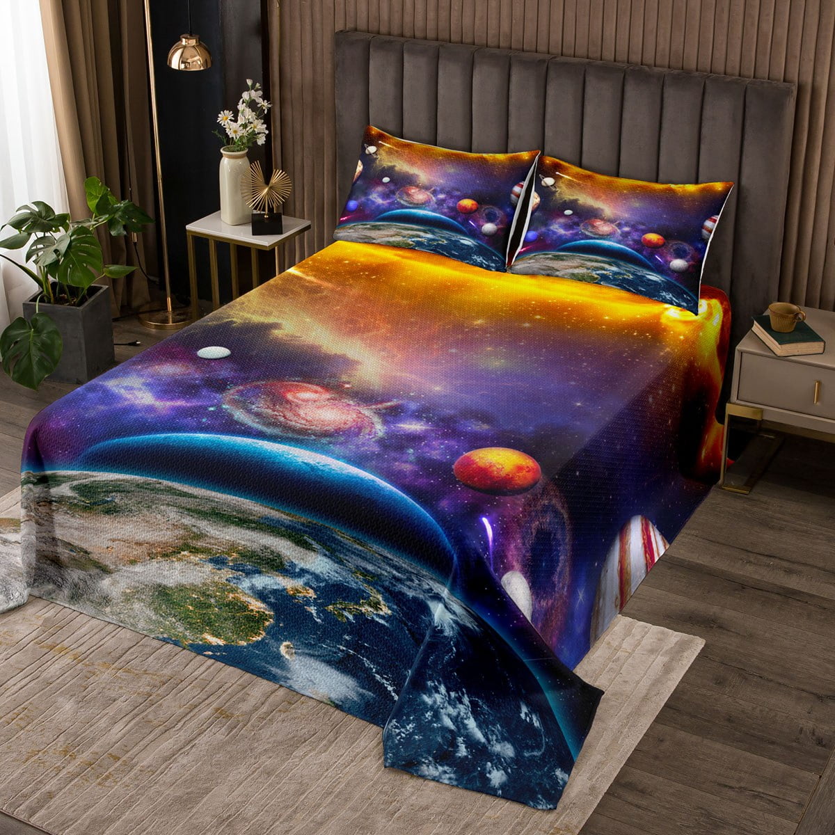 Galaxy Quilt Set Twin Outer Space Room Decor Bedspread Blue Planet ...