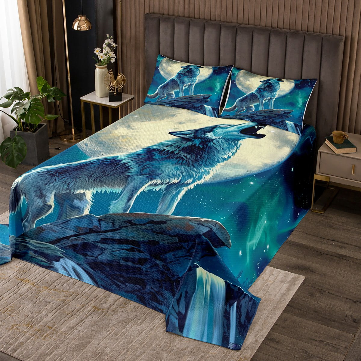 Erosebridal Galaxy Wolf Bedspread King Adults,Moon Starry Sky Quilt Set ...