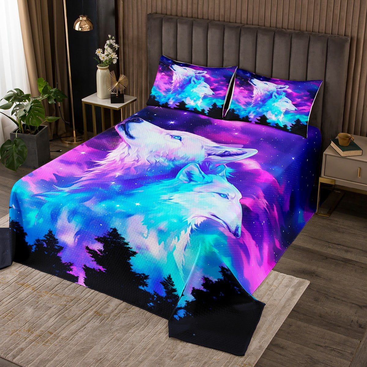 Galaxy Wolf Bedspread King ,Purple Teal Colorful Starry Sky Quilt Set ...