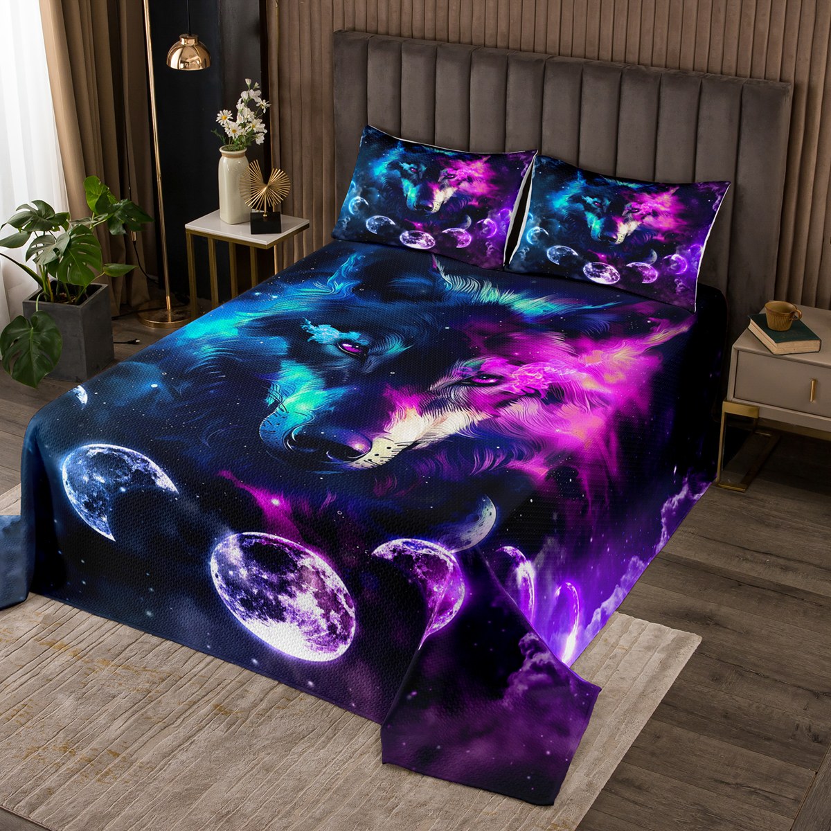 Galaxy Wolf Bedspread Twin,Pink Teal Moon Starry Sky Quilt Set Adults ...