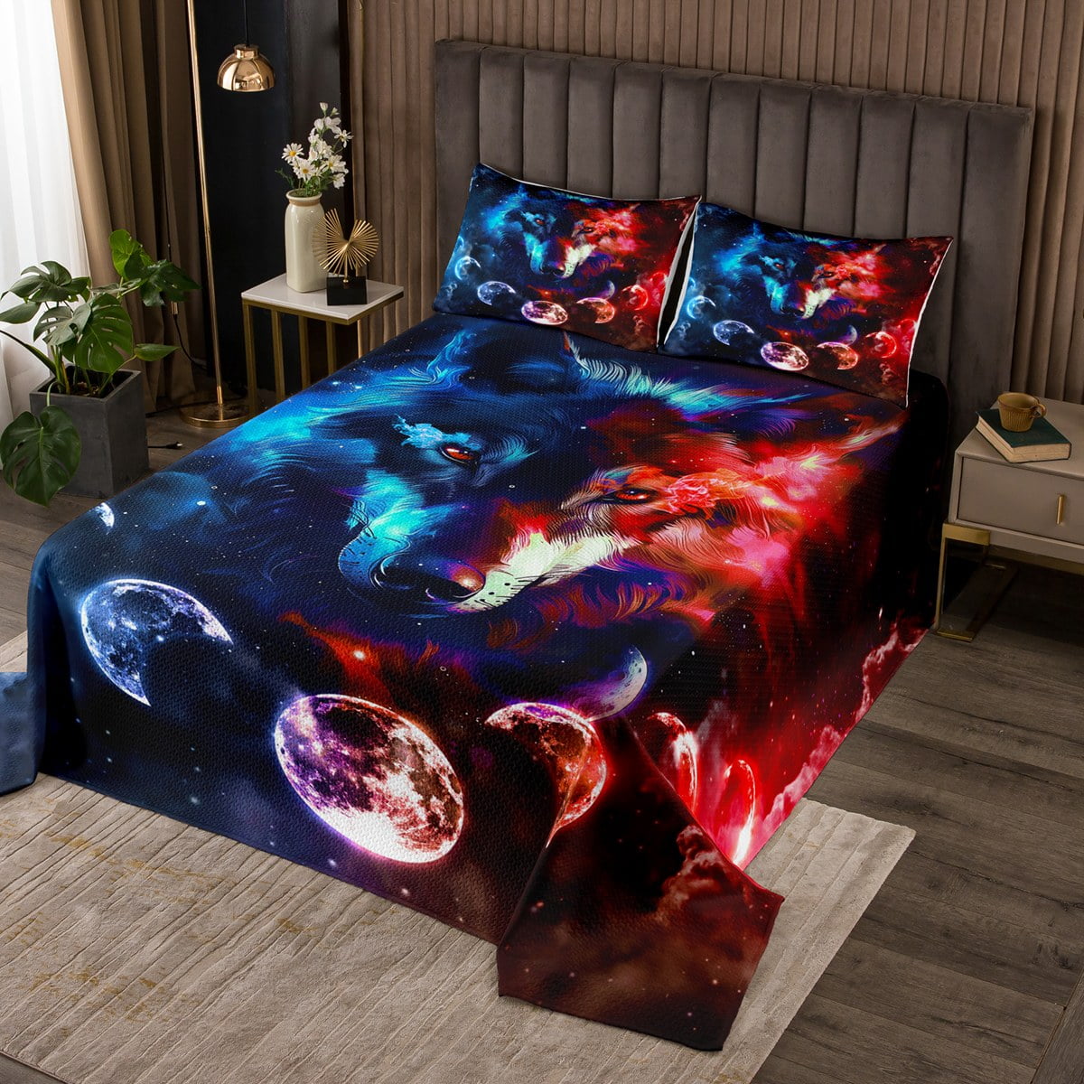 Erosebridal Galaxy Wolf Bedspread Twin,Red Teal Starry Sky Moon Quilt ...
