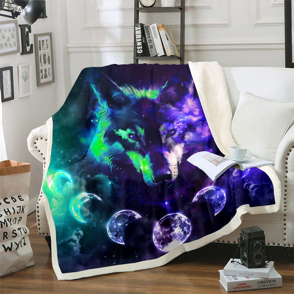 YST Galaxy Wolf Blanket,Green Purple Moon Starry Sky Throw Blanket for ...