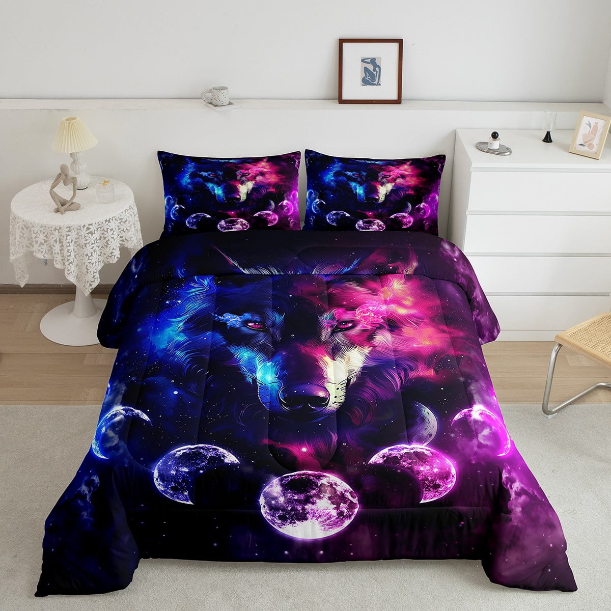 Erosebridal Galaxy Wolf Comforter Set Full,Pink Blue Starry Sky Moon ...
