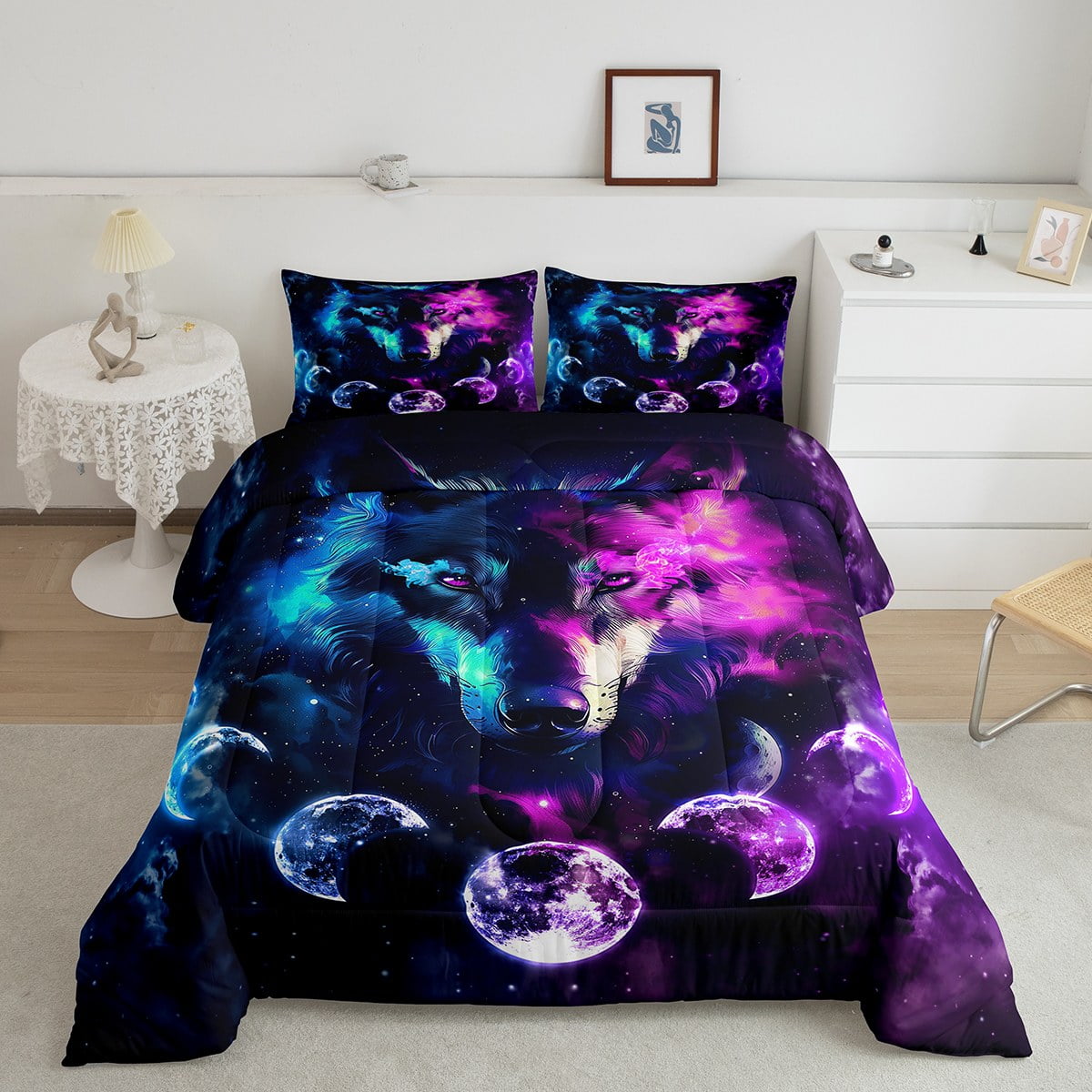 YST Galaxy Wolf Comforter Set Queen,Pink Teal Moon Starry Sky Bedding ...