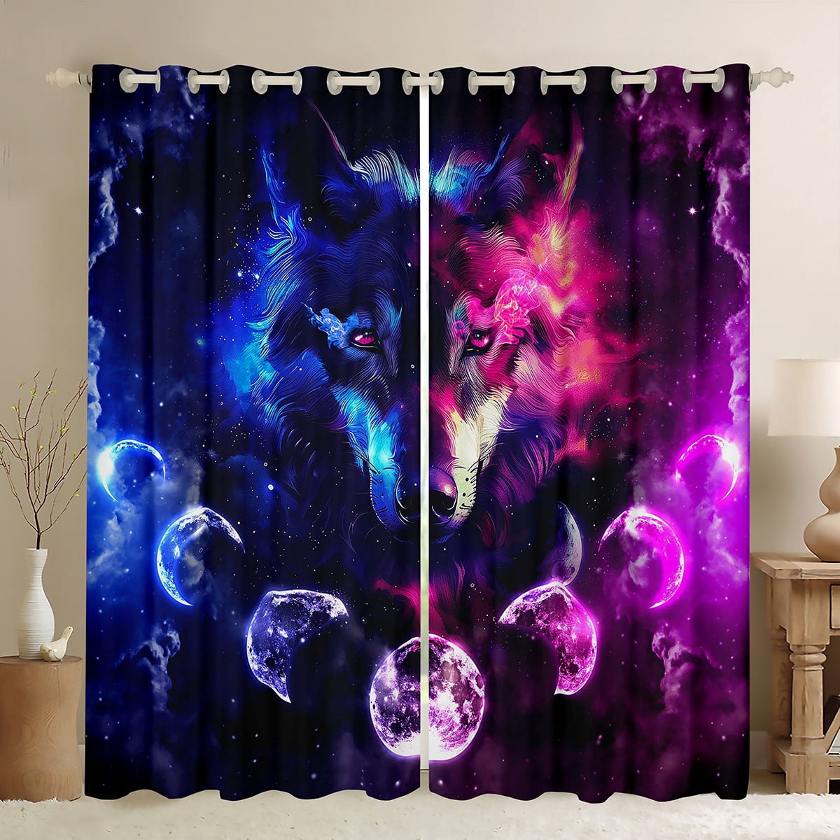 Galaxy Wolf Curtains,Pink Blue Starry Sky Moon Curtains 30%-50% ...