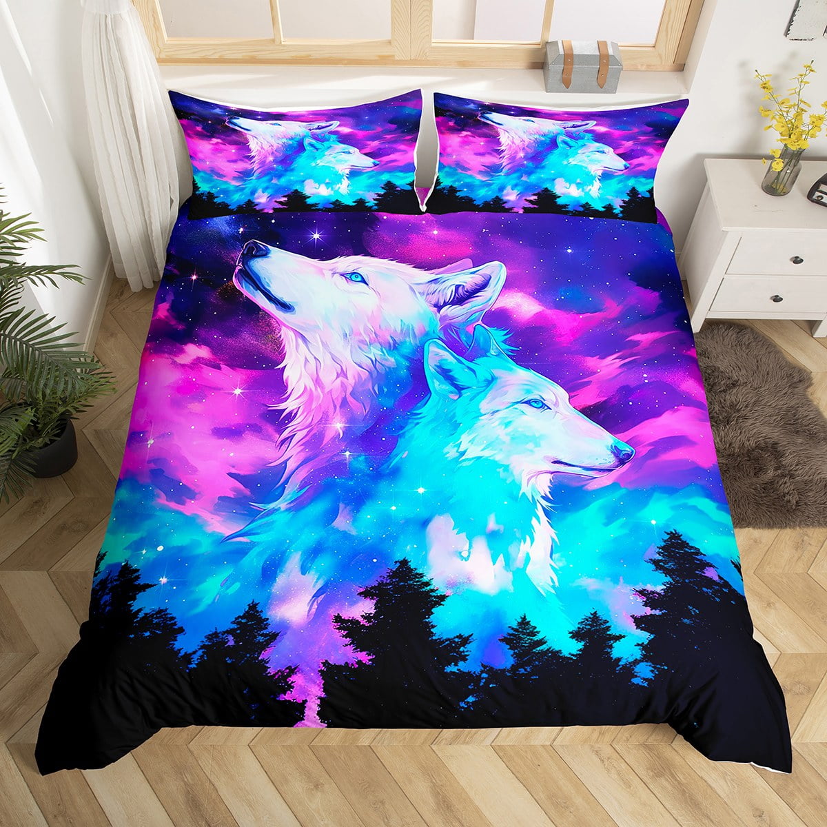 Erosebridal Galaxy Wolf Duvet Cover King,Purple Teal Colorful Starry ...