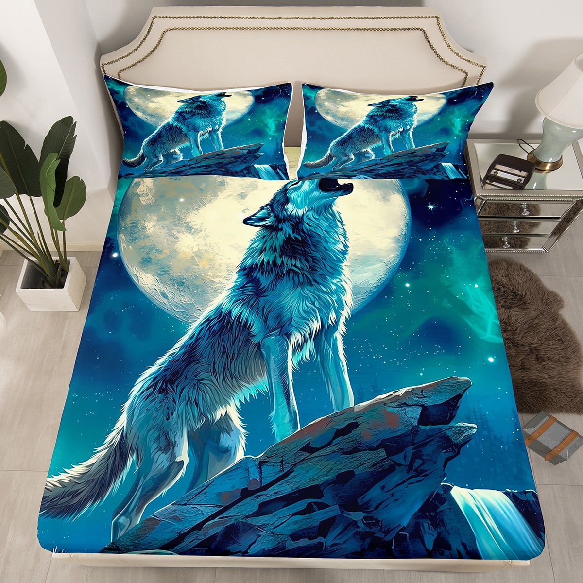 Erosebridal Galaxy Wolf Fitted Sheet Queen Adults,Moon Starry Sky ...