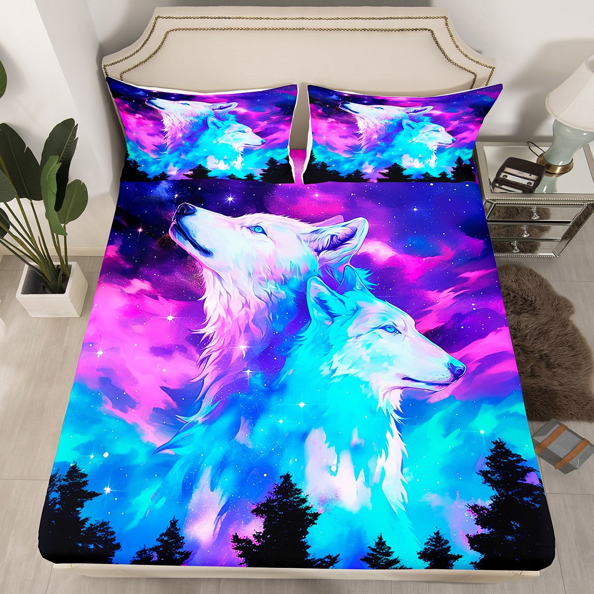 Erosebridal Galaxy Wolf Fitted Sheet Queen,Purple Teal Colorful Starry ...