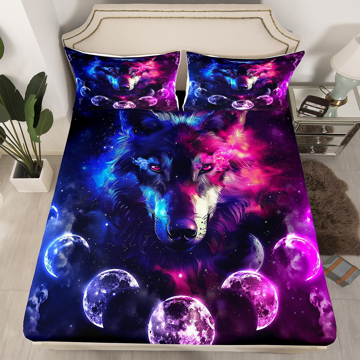 Erosebridal Galaxy Wolf Fitted Sheet Twin,Pink Blue Starry Sky Moon ...