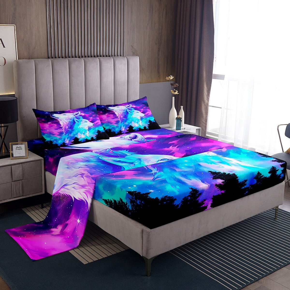 Erosebridal Galaxy Wolf Sheets Full,Purple Teal Colorful Starry Sky ...