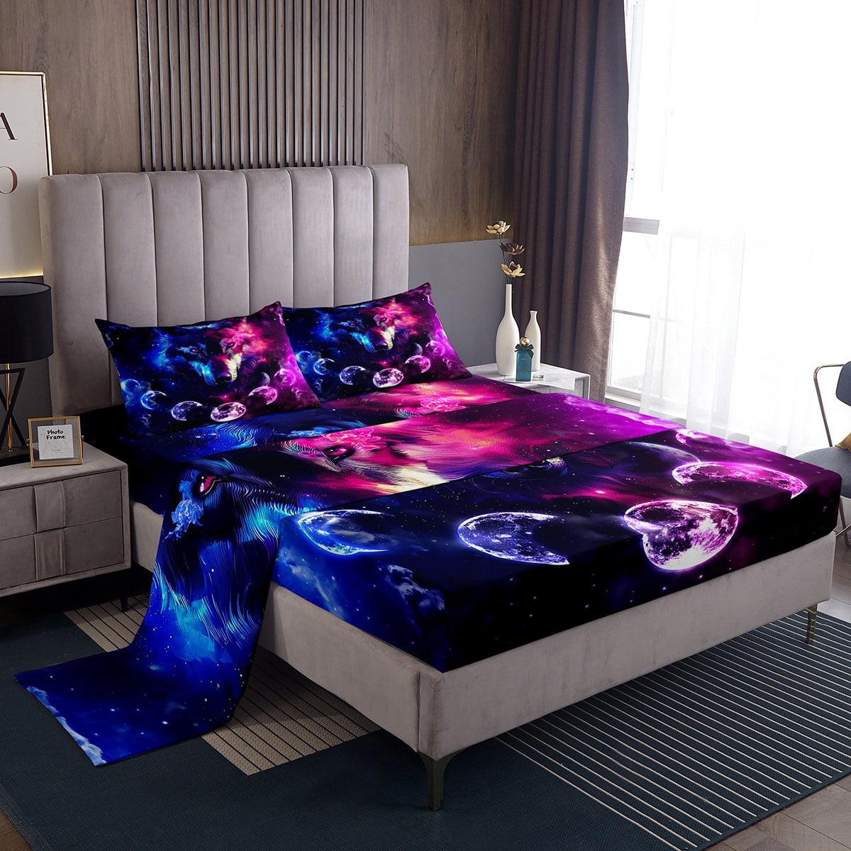 Erosebridal Galaxy Wolf Sheets King,Pink Blue Starry Sky Moon Sheet Set ...