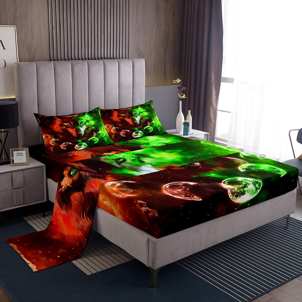 Galaxy Wolf Sheets Queen,Orange Green Starry Sky Moon Sheet Set Adults ...